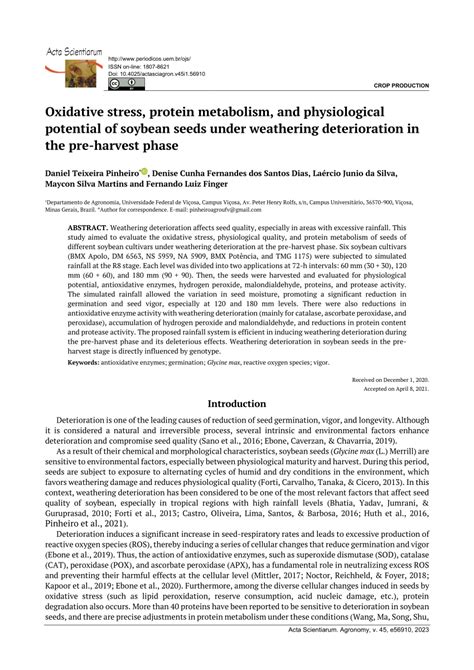 Pdf Oxidative Stress Protein Metabolism And Physiological Potential Of Soybean Seeds Under