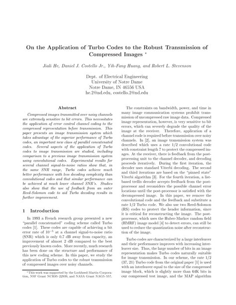 Pdf On The Application Of Turbo Codes To The Robust Transmission Of Compressed Images