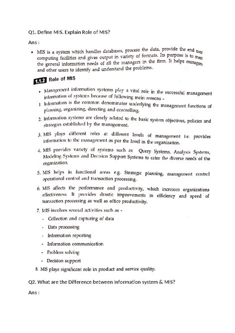 Mis Unit 1 Qb Solution Q1 Define Mis Explain Role Of Mis Ans Q2 What Are The Difference
