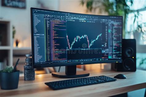 Modern Workspace With Curved Monitor Displaying Financial Data Analysis And Charts Generative Ai