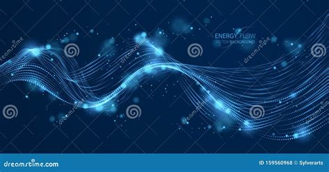 Dynamic Particles Sound Wave Flowing Over Dark Dotted Curves Vector Abstract Background Stock