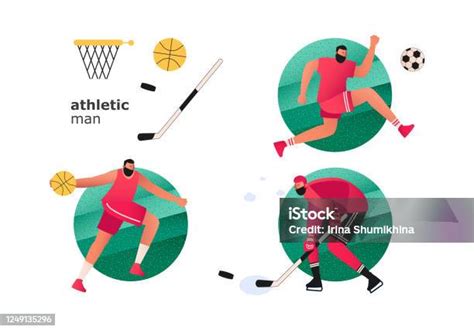인기 스포츠에서 선수의 집합 점프에 농구 선수 공을 걷어 차고 축구 선수와 하키 선수 액티브 스포츠의 벡터 일러스트레이션 Championship에 대한 스톡 벡터 아트 및