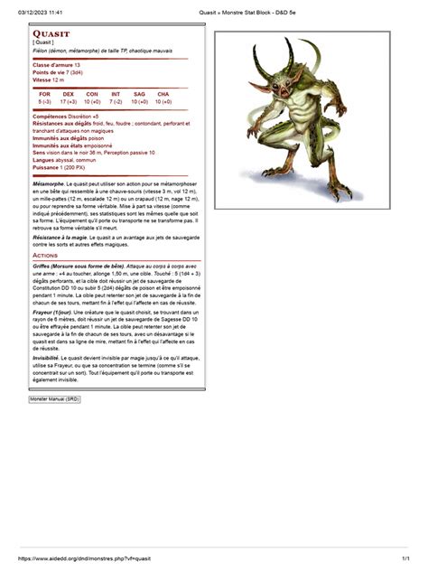 Quasit Monstre Stat Block Dandd 5e Pdf