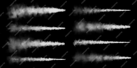 현실적인 비행기 응축 트레일 우주 로켓 발사 미사일 또는 총알 트레일 제트 항공기 트랙 흰 연기 구름 안개 증기 흐름 벡터 그림