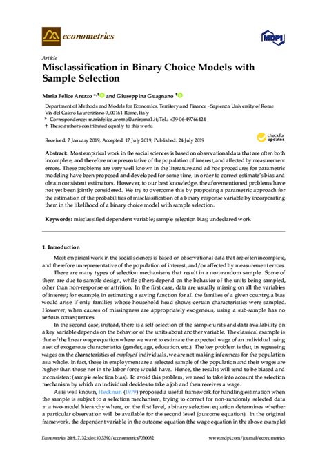 Pdf Misclassification In Binary Choice Models With Sample Selection