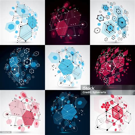 벡터 바우하우스 추상 배경 그리드와 겹치는 간단한 기하학적 요소 벌집으로 만든 집합입니다 레트로 작품 광고 포스터에 대 한 기술
