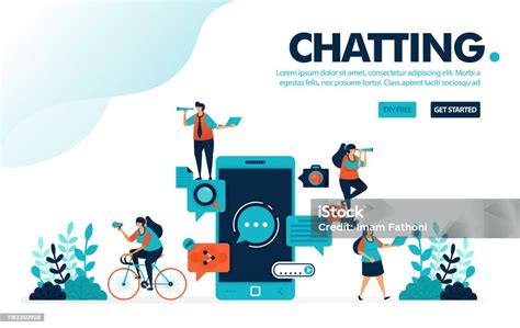 벡터 일러스트 채팅 앱 모바일 응용 프로그램과 채팅하는 사람들 통신 메시지 송신 및 수신을 위한 채팅 앱입니다 방문 페이지 웹 배너 템플릿 전단지 포스터 Ui를 위해 설계