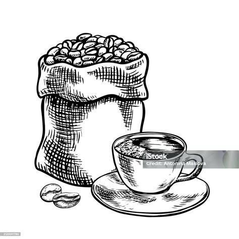 커피 콩과 커피 한잔으로 채워진 자루 흑백 벡터 그래픽 일러스트레이션 포장용 로고 및 라벨용 배너 전단지 메뉴 및 포스터용 0명에 대한 스톡 벡터 아트 및 기타 이미지