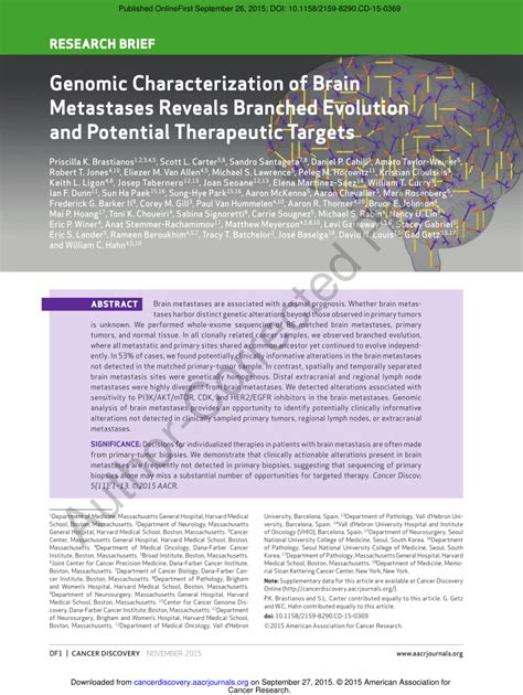 Pdf Genomic Characterization Of Brain Metastases Reveals Branched Evolution And Potential