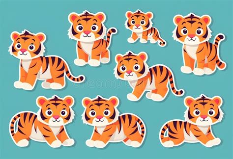Cute Tigers Sticker Set Ideal For Print Stock Illustration
