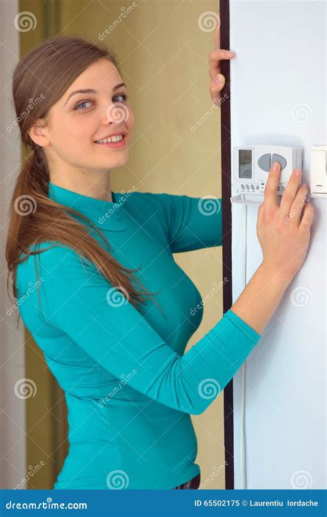 Woman Push Button Digital Thermostat Stock Image Image Of Hand Power