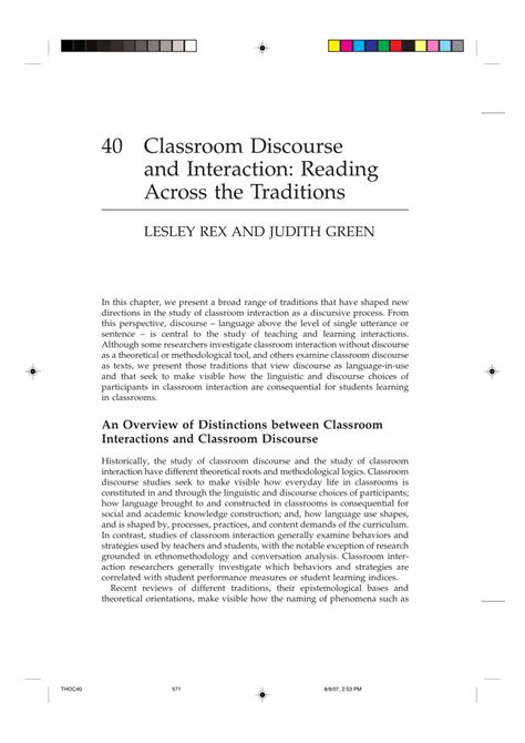 Pdf Classroom Discourse And Interaction Reading Across The Traditions