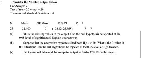 Solved Consider The Minitab Output Below One Sample Test Of Mu 20 Vs Not The Assumed Standard