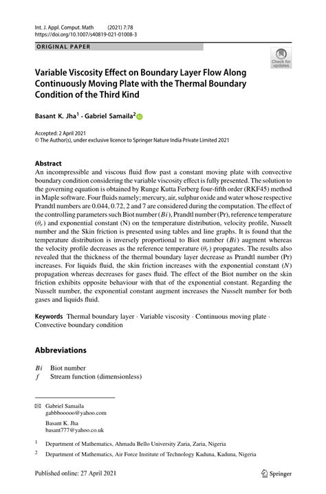 Pdf Variable Viscosity Effect On Boundary Layer Flow Along Continuously Moving Plate With The