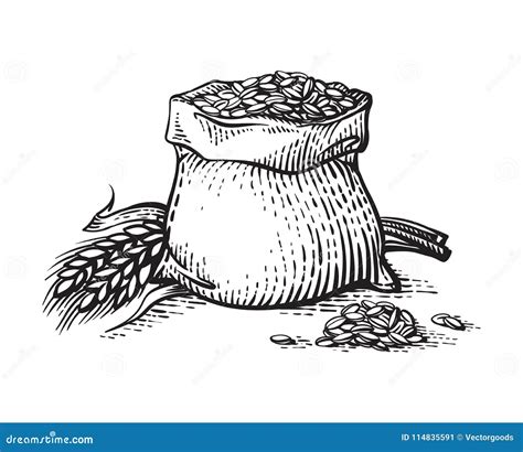 Hand Sketched Whole Bag Of Wheat Flour And Grains Isolated On White Background Stock Vector