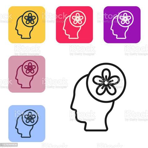 흰색 배경에 고립 된 아이콘 내부의 꽃과 검은 줄 인간의 머리 색상 정사각형 단추로 아이콘을 설정합니다 벡터 가을에 대한 스톡 벡터 아트 및 기타 이미지 Istock