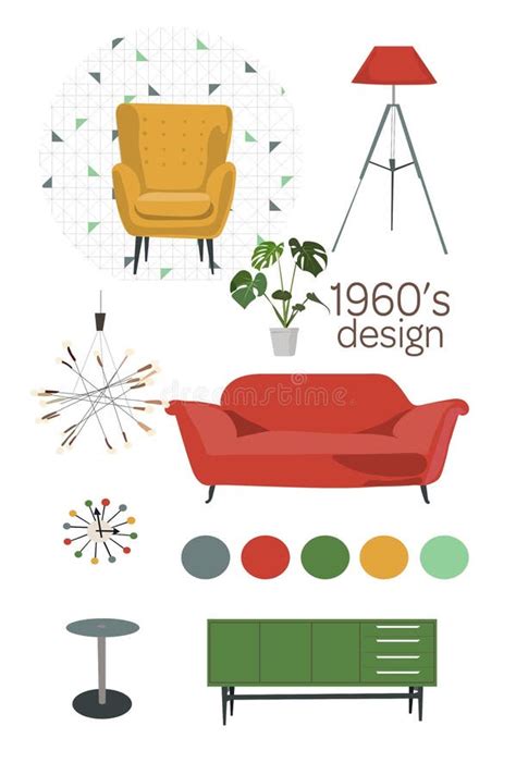 Innenarchitektur 1960er Jahre Möbel Im Mid Century Modern Stil Vektorelemente Set Vektor