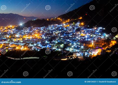 Cityscape Of The Blue City Chefchaouen By Night Stock Image Image Of