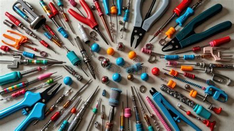 colorful array of precision tools and accessories in radial arrangement stock image image of