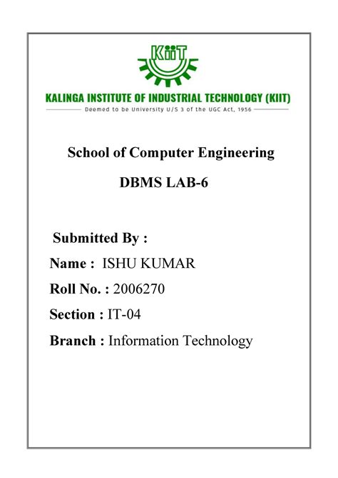 Dbms Lab Question Kiit University Sql School Of Computer Engineering