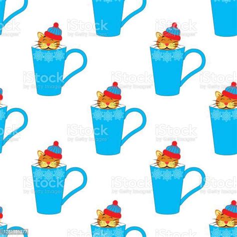 흰색 배경에 눈송이가있는 파스텔 컵에 모자에 귀여운 고양이와 매끄러운 패턴 인테리어를위한 플랫 스타일로 빈티지 프린트 장식 과