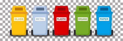 재활용에 적합한 종이 플라스틱 유리와 유기 폐기물이 있는 다른 색깔의 쓰레기통 분리 폐기물 분류 쓰레기 폐기물 관리 흰색 배경 벡터 그림 프리미엄 벡터