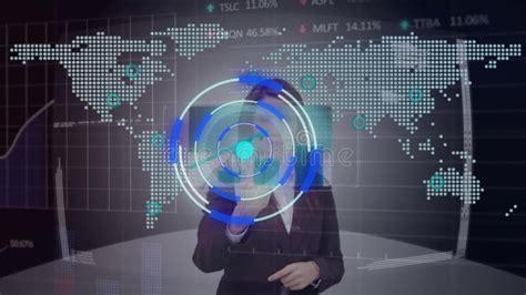 Animation Of Scope Scanning With World Map And Data Processing Over Caucasian Businesswoman