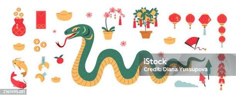 뱀 음력 설날 일러스트 세트 중국 설날 요소 중국 조디악 녹색 뱀입니다 아시아 문화 번들 행운의 상징 활기찬 축하 새해 클립아트 Blessing에 대한 스톡 벡터 아트 및