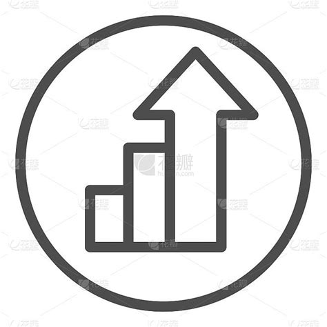 生长图中圆形线形图标。企业利润增长符号，白色背景上轮廓式象形文字。统计图表与箭头标志的移动概念和网页