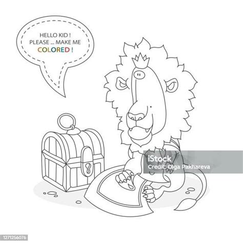 흑백 색칠 공부 책 페이지 크라운과 케이프와 보물 상자에 재미있는 귀여운 리온의 만화 캐릭터 어린이 의 발달을위한 세트에서 카드 벡터 일러스트레이션 개발에 대한 스톡 벡터