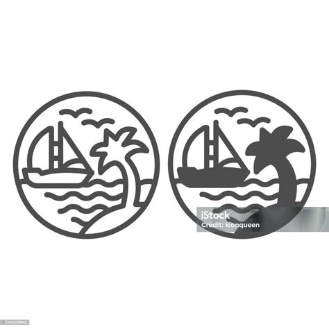 요트 선박 야자수 바다 라인과 단단한 아이콘 열대 항해 개념 벡터 그래픽입니다 섬 여행 흰색 배경에 물 수송 기호 모바일 또는 웹 디자인에 대한 개요 스타일 아이콘 검은색에