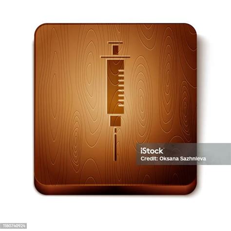 흰색 배경에 격리 된 갈색 주사기 아이콘입니다 백신 예방 접종 주사 독감 예방 주사용 주사기 의료 장비 나무 사각형 버튼입니다 벡터 일러스트레이션 0명에 대한 스톡 벡터