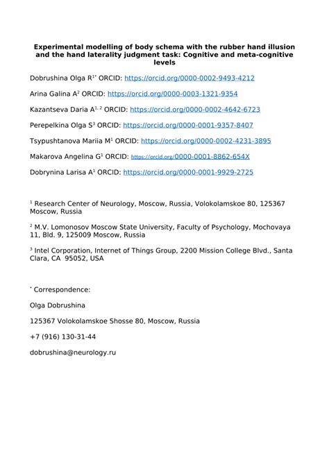 Pdf Experimental Modelling Of Body Schema With The Rubber Hand