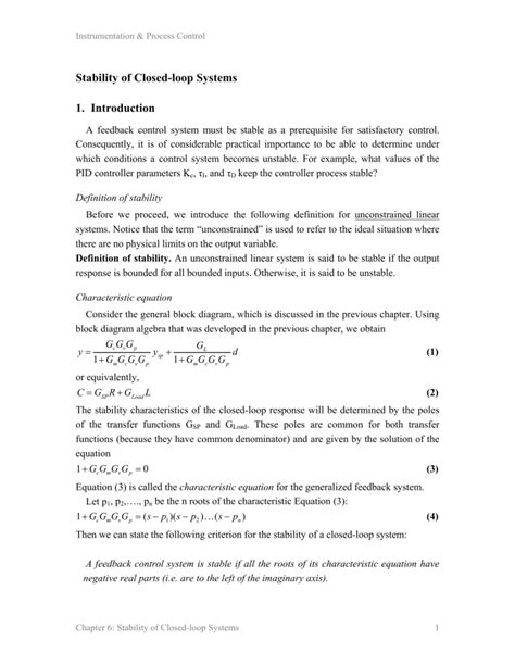 Stability Of Closed Loop Control Systems