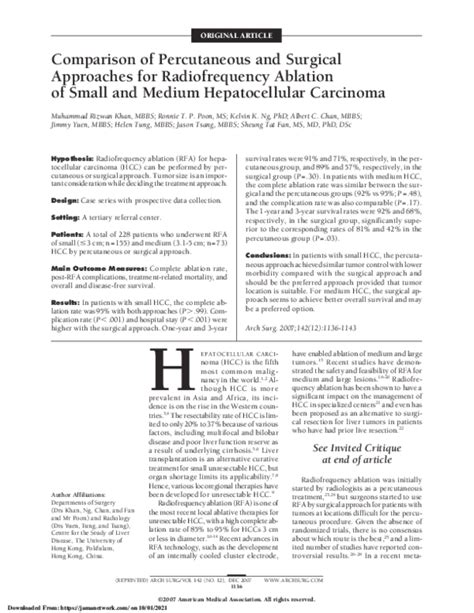 Pdf Comparison Of Percutaneous And Surgical Approaches For Radiofrequency Ablation Of Small