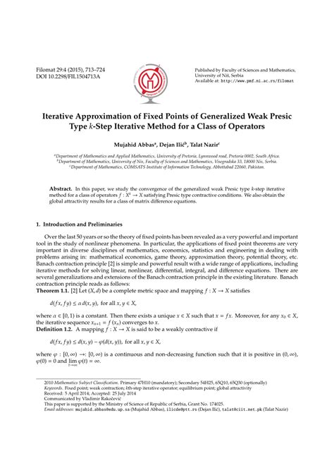 Pdf Iterative Approximation Of Fixed Points Of Generalized Weak Presic Type K Step Iterative