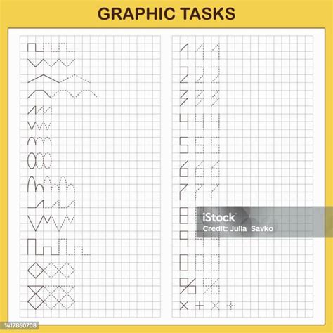 그래픽 받아쓰기 미취학 아동을위한 교육 게임 논리 및 운동 기술을 연습하기위한 워크 시트 어린이를위한 게임 다른 개체와 요소가 있는 그래픽 작업입니다 벡터 일러스트 레이 션
