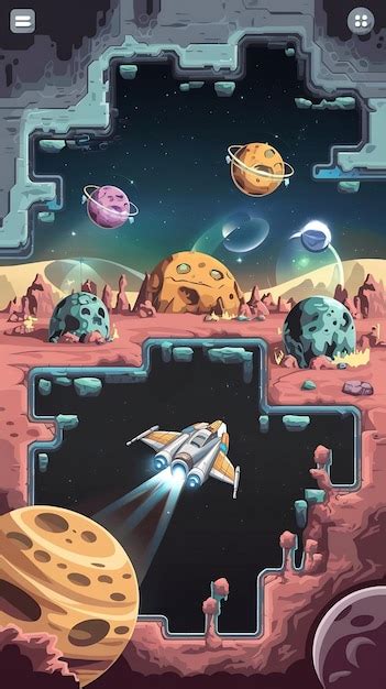 Space Game Level Map With Alien Planets And Spaceship Cartoon 2d Gui Landscape Computer Or