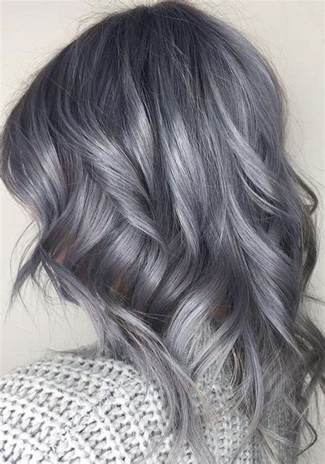 30 Metallic Hair Color Ideas Smokey Metallic Shoulder Length Grey