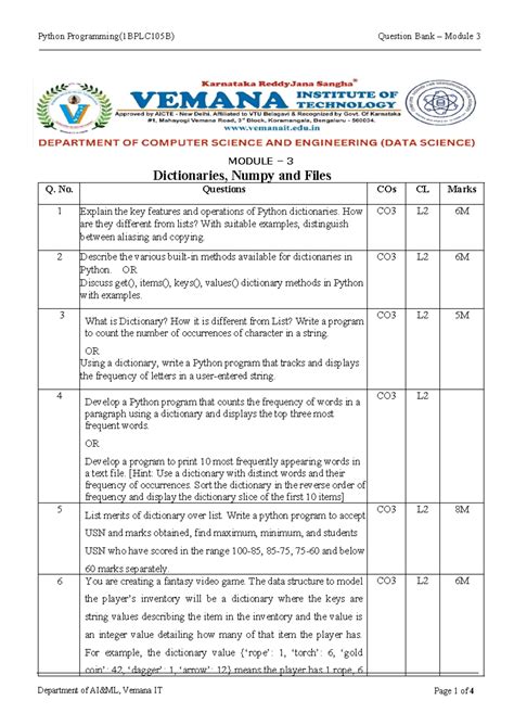Bplc105b Module 3 Question Bank Python Dictionaries Numpy And Files