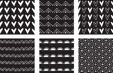 원활한 벡터 패턴의 집합입니다 흑인과 백인 손으로 그린 도형 삼각형 원 점 선 간단한 그래픽 디자인으로 기하학적 끝 없는 배경 반복 장식적인 장식입니다 0명에 대한 스톡