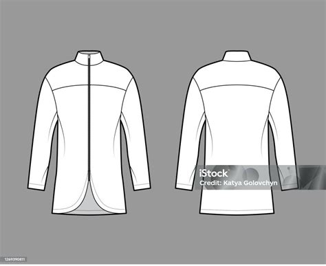 편안한 핏 하이 네크라인 백 라운드 요크 프론트 롱 슬리브가 돋선한 집업 셔츠 테크니컬 패션 일러스트 0명에 대한 스톡 벡터 아트 및 기타 이미지 Istock