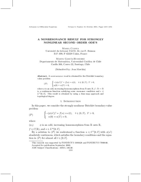 Pdf A Nonresonance Result For Strongly Nonlinear Second Order Ode S