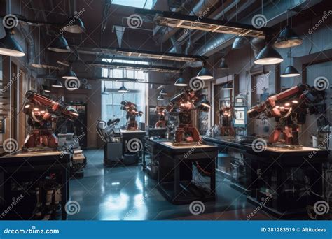 High Tech Ai Lab With Multiple Robotic Arms Stock Illustration Illustration Of Robotics