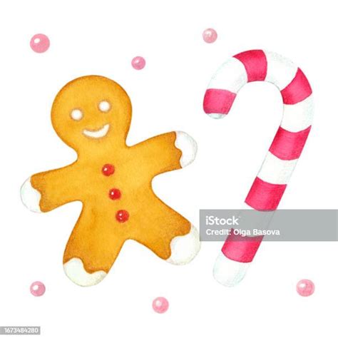 진저브레드 맨 사탕수수 핑크 설탕 알약 흰색 배경에 수채화 그림입니다 손으로 그렸습니다 엽서의 경우 갈색에 대한 스톡 벡터 아트 및 기타 이미지 Istock