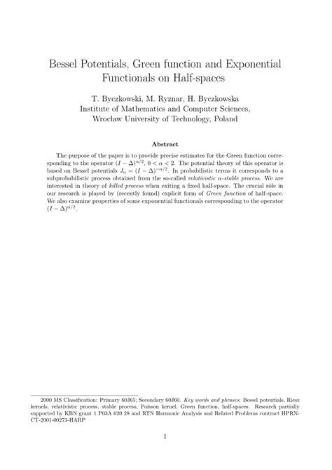 Pdf Bessel Potentials Green Functions And Exponential Functionals On Half Spaces
