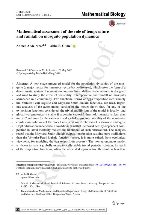 Pdf Mathematical Assessment Of The Role Of Temperature And Rainfall On Mosquito Population