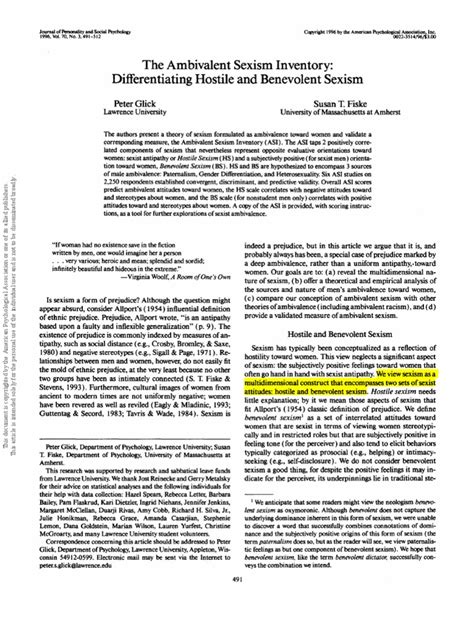 1996 Glickfiske The Ambivalent Sexism Inventory Pdf Social