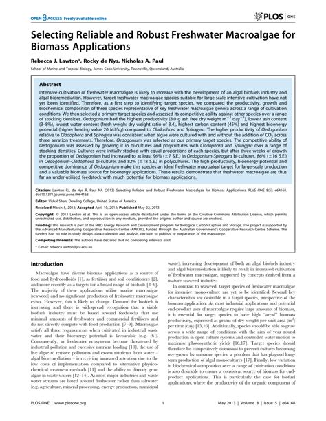 Pdf Selecting Reliable And Robust Freshwater Macroalgae For Biomass