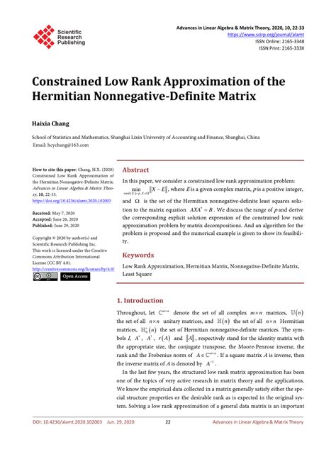 Pdf Constrained Low Rank Approximation Of The Hermitian Nonnegative